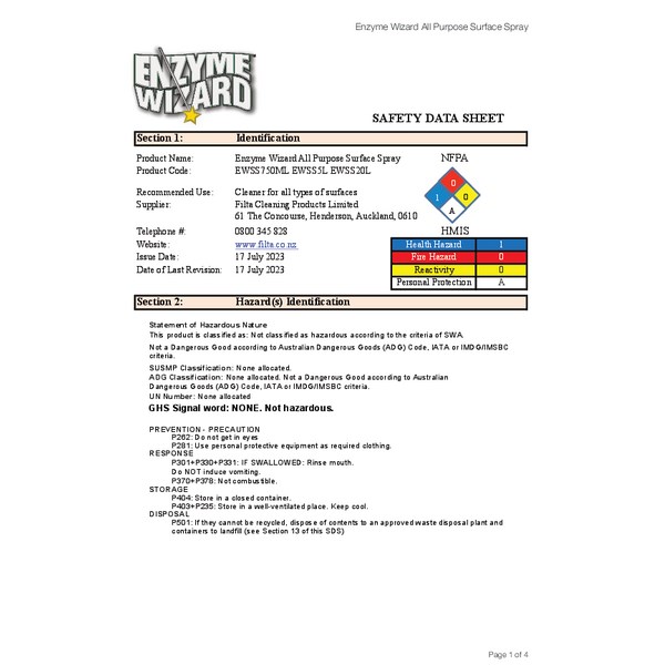 Enzyme Wizard All Purpose Surface Spray Cleaner RTU 750ml | OfficeMax NZ