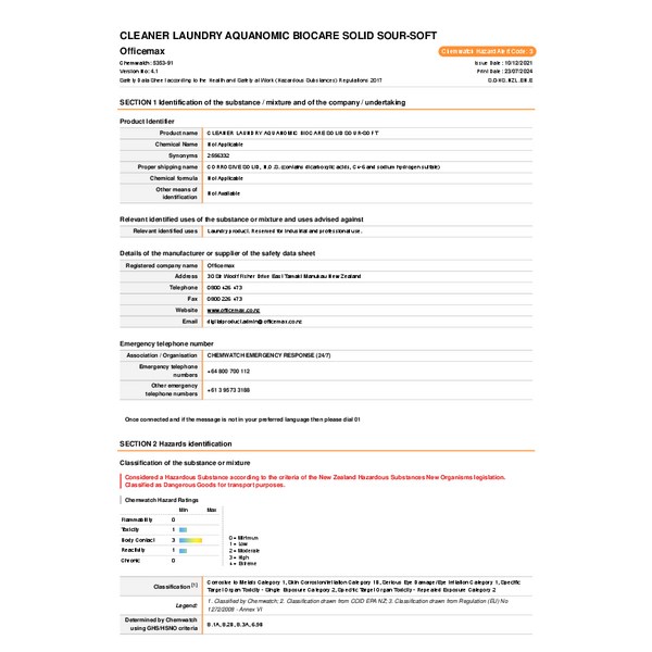 Ecolab Aquanomic Biocare Solid Sour-Soft Laundry Cleaner, Carton of 2 | OfficeMax NZ