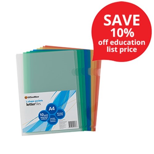 OfficeMax L-Shaped Pockets A4 Assorted Colours , Pack of 10 | OfficeMax NZ