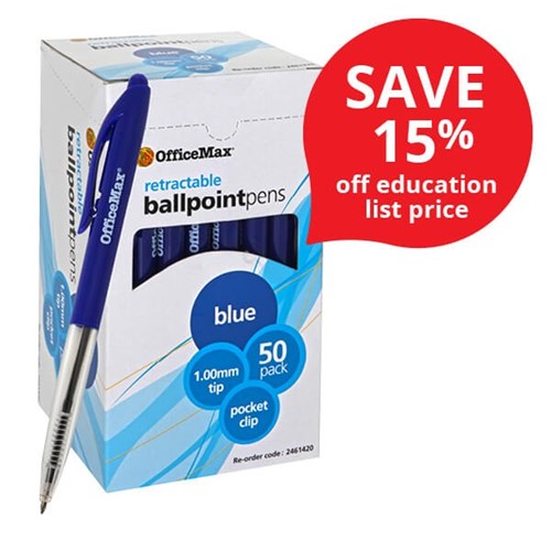 OfficeMax Blue Retractable Ballpoint Pens Medium Tip, Pack of 50 ...